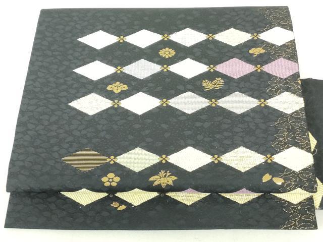 平和屋着物●九寸名古屋帯　花菱文　黒地　金糸　正絹　逸品　DAAT7939ob
