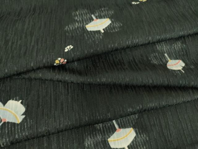 平和屋着物▽小紋　単衣　駒に舞花文　黒地　洗える着物　DAAT9192az