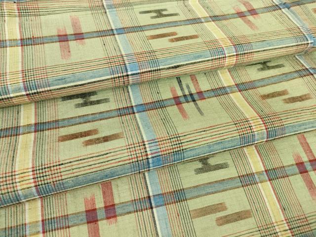 平和屋着物▽上質な紬　単衣　絣格子文　正絹　逸品　DAAT9219az