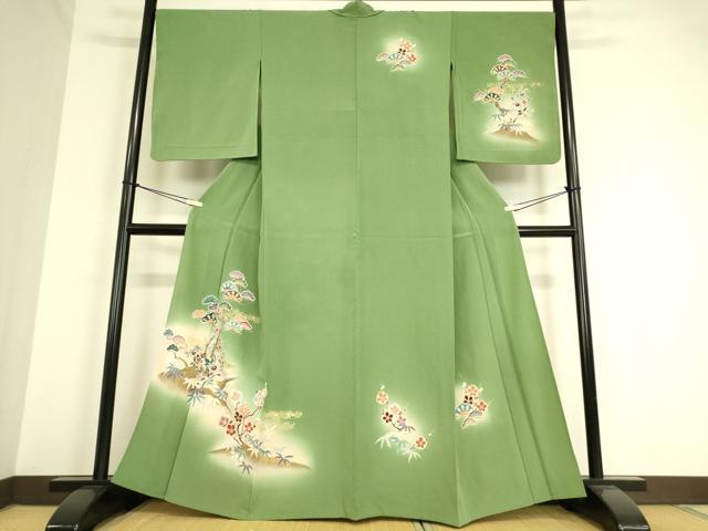 平和屋着物▽訪問着　単衣　雉　松竹梅　暈し染め　金彩　正絹　逸品　DAAT9236az