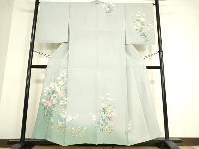 平和屋着物▽訪問着　単衣　友禅　作家物　草花文　暈し染め　反端付き　正絹　逸品　DAAT9357az