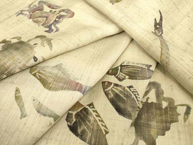 平和屋着物▽訪問着　単衣　生紬　作家物　魚文　蟹　暈し染め　金彩　正絹　逸品　DAAT9368az