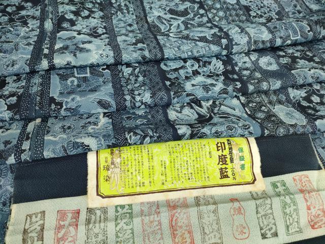平和屋着物▽上質な小紋　単衣　印度藍　首里琉染　更紗動物花文　鬼しぼ縮緬　証紙付き　正絹　逸品　DAAT9382az