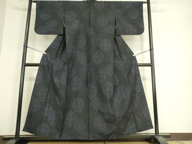 平和屋着物▽本場結城紬 単衣 100亀甲 正倉院花文 正絹