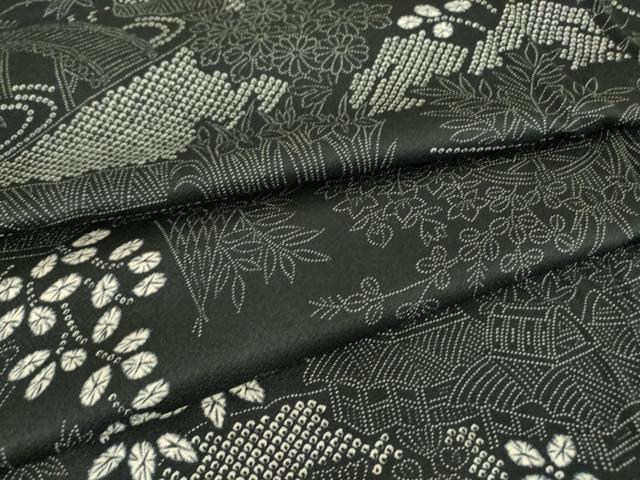 平和屋着物▽上質な小紋　単衣　風景花文　黒地　正絹　逸品　DAAT9663az