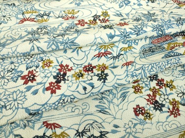 平和屋着物○本藍 小紋 流水花文 鬼しぼ縮緬 正絹 逸品 AAAX0368np