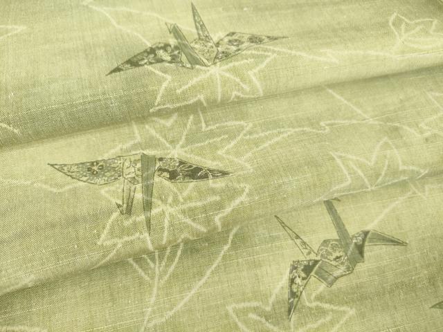 平和屋着物▽上質な紬　単衣　折り鶴楓文　正絹　逸品　DAAT9712az