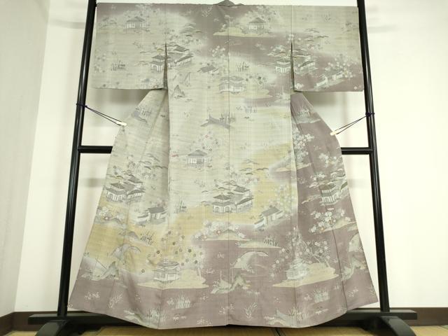 平和屋着物▽訪問着　単衣　お召地　風景文　正絹　逸品　DAAT9717az