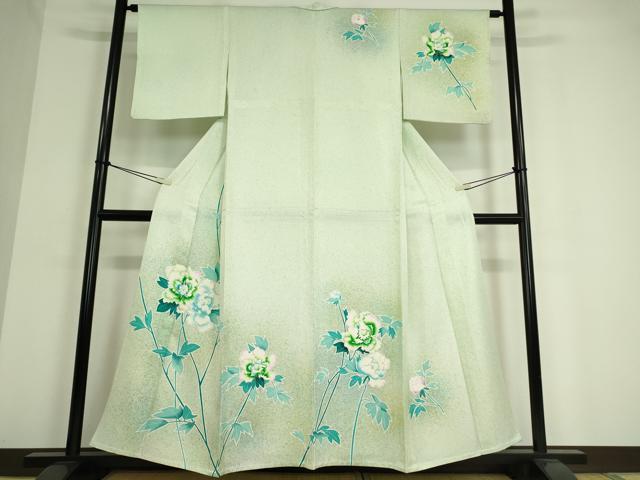 平和屋着物▽訪問着　単衣　牡丹文　たたき染め　金彩　正絹　逸品　DAAT9829az