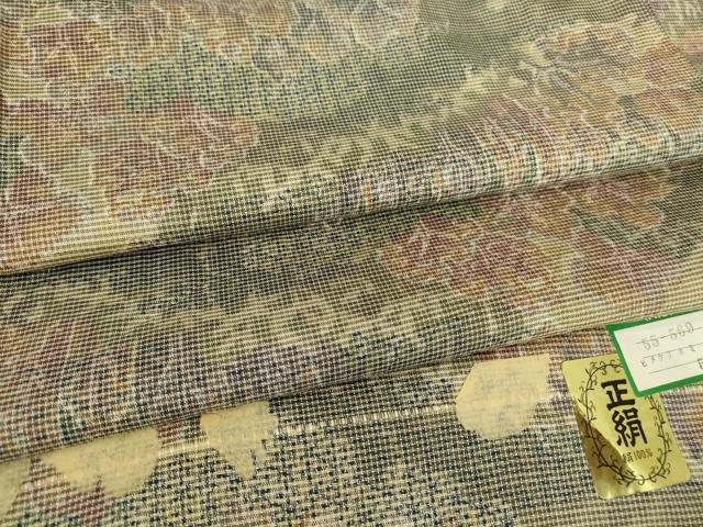 平和屋着物▽上質な紬　単衣　草花文　反端付き　正絹　逸品　DAAT9867az