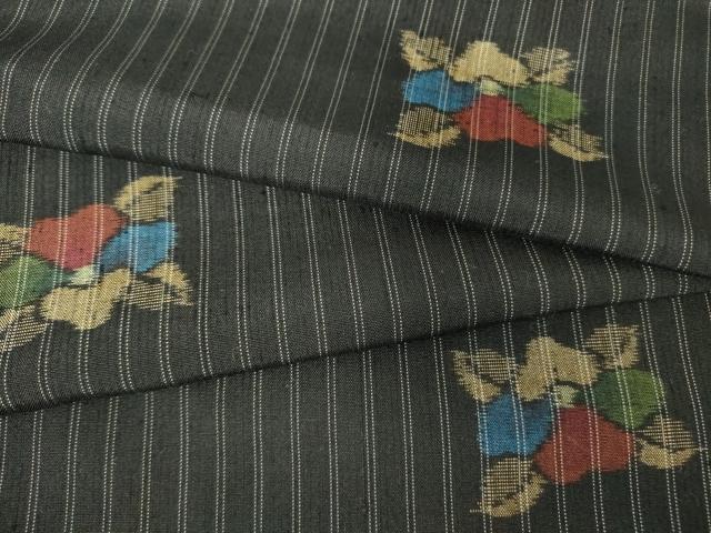 平和屋着物▽上質な紬　単衣　舞花文　黒地　正絹　逸品　DAAT9936az