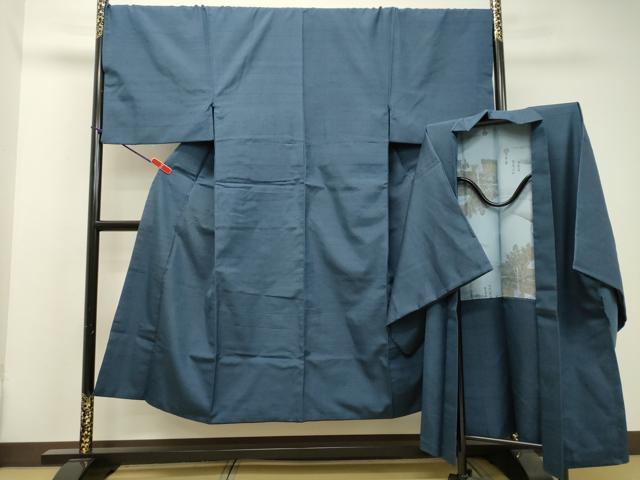 平和屋着物●男性　紬　アンサンブル　青藍色　正絹　逸品　DAAU0543tw