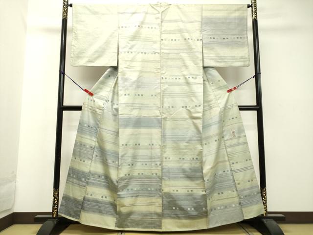 平和屋着物●京の名門　じゅらく謹製　訪問着　紬地　漢方草木染　横段文　正絹　逸品　DAAU0576tw