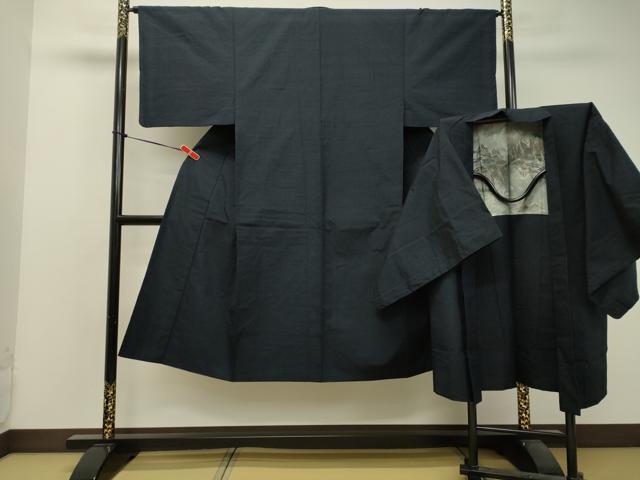 平和屋着物●男性　紬　アンサンブル　藍鉄色　正絹　逸品　DAAU0579tw