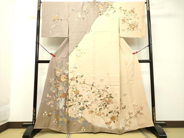 平和屋着物●訪問着　駒刺繍　更紗花文　暈し染め　金銀彩　正絹　逸品　DAAU0626tw