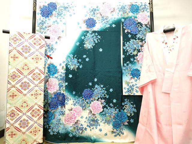 平和屋着物●豪華振袖・袋帯・長襦袢（袷）セット　花蝶文　暈し染め　金彩　正絹　逸品　DAAU0671tw