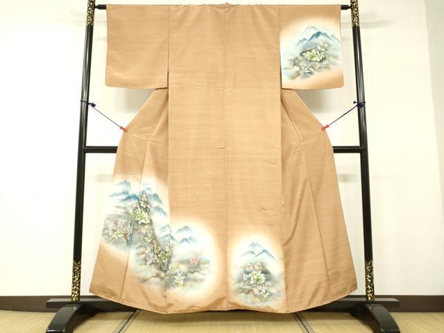 平和屋着物●訪問着　紬地　手描き　草花文　暈し染め　正絹　逸品　DAAU0676tw