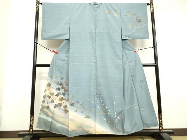 平和屋着物●二代目清次郎　手描き　訪問着　紬地　葡萄蔦の葉文　金彩　正絹　逸品　DAAU0736tw