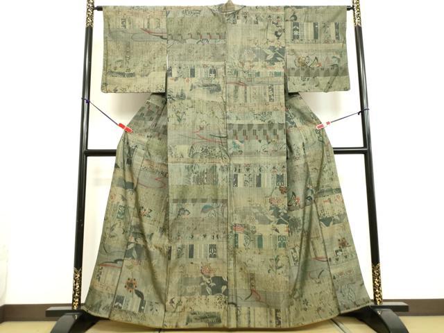 平和屋着物●小千谷紬　百柄　横段花文　正絹　逸品　DAAU0739tw