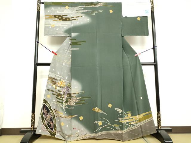 平和屋着物●訪問着　作家物　鏡裏扇面花鳥文　暈し染め　金彩　鬼しぼ縮緬　反端付き　正絹　逸品　未使用　DAAU0800tw