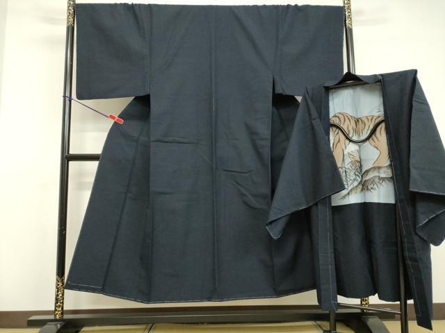 平和屋着物●男性　紬　アンサンブル　藍鉄色　正絹　逸品　DAAU0815tw