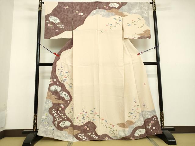 平和屋着物●十日町　名門　滝泰謹製　訪問着　絞り　扇面風景花松文　正絹　逸品　DAAU0829tw