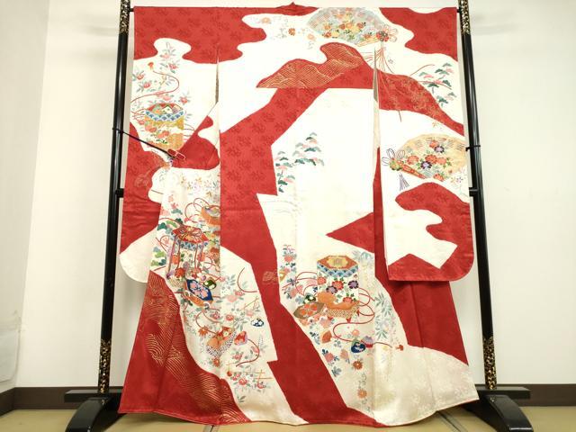 平和屋着物●豪華振袖　駒刺繍　貝桶草花文　金彩　正絹　逸品　DAAU0869tw