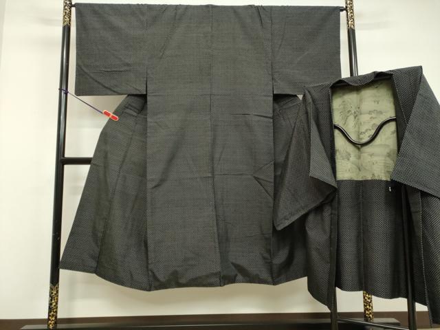 平和屋着物●男性　紬　アンサンブル　十字絣　黒地　正絹　逸品　DAAU0930tw