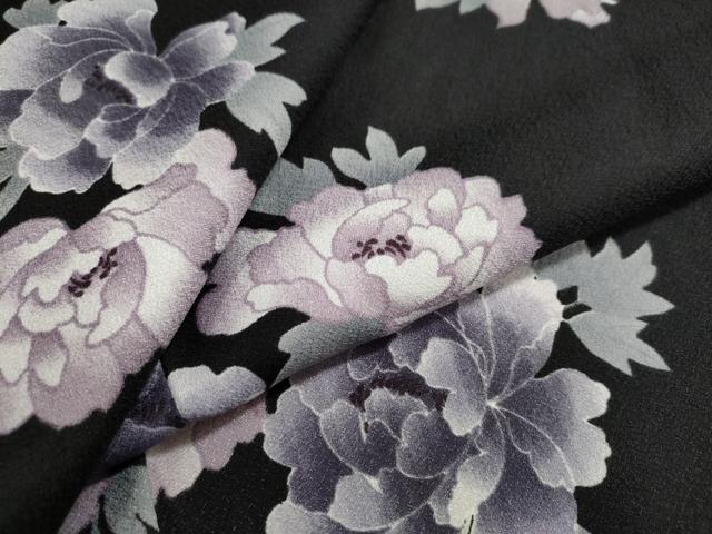 平和屋着物▽小紋　単衣　舞花文　黒地　洗える着物　DAAU2657ud