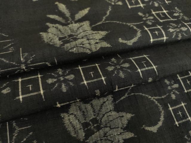 平和屋着物●上質な紬　麻の葉花文　黒地　正絹　逸品　DAAU5085ps