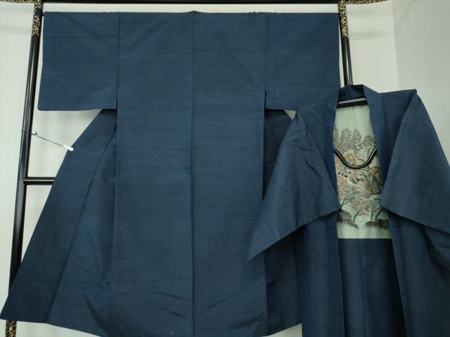 平和屋着物●男性　紬　アンサンブル　長羽織　色無地　濃紺地　正絹　逸品　DAAU5123ps
