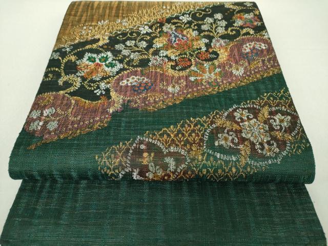 平和屋着物▽西陣　老舗　渡文謹製　手織　すくひ　太鼓柄袋帯　スリーシーズン帯　春　夏　秋　更紗花文　金銀糸　正絹　逸品　DAAU5147ps