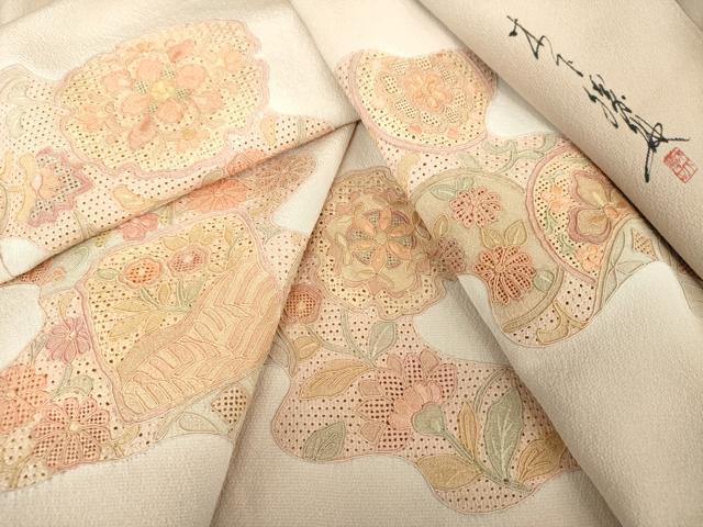 平和屋着物●英王室献上友禅作家 木下勝功 中国三大刺繍 スワトウ刺繍 汕頭刺繍 総刺繍 訪問着 霞雪輪花文 暈し染め 金彩 逸品 DAAU5261ps