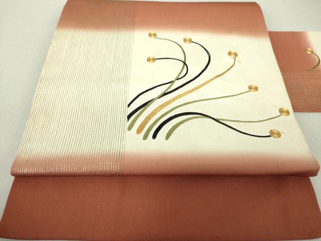 平和屋着物●アンティーク　大正ロマン　九寸名古屋帯　駒刺繍　抽象文様　金彩　正絹　逸品　DAAU5303ps