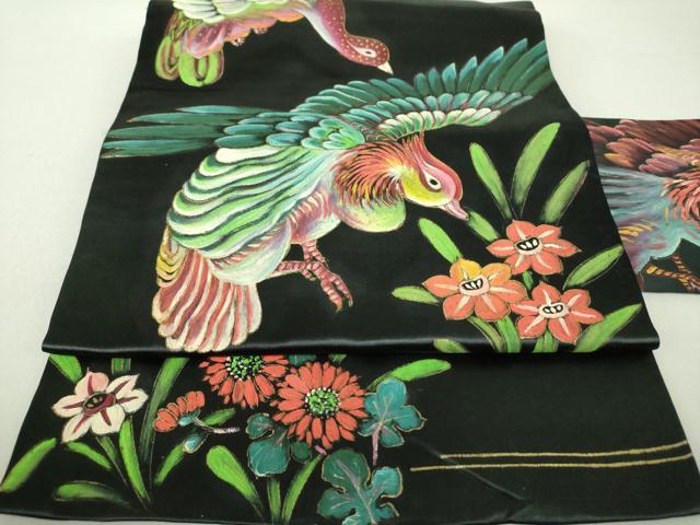平和屋着物●アンティーク　大正ロマン　九寸名古屋帯　手描き　花鳥文　黒地　金彩　正絹　逸品　DAAU5308ps