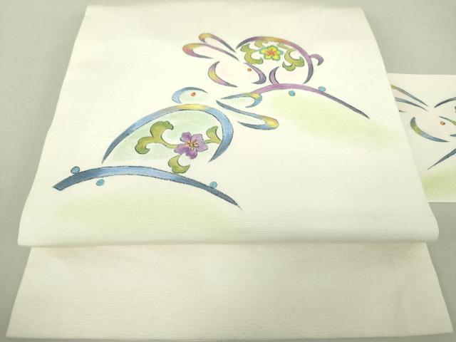 平和屋着物●九寸名古屋帯　手描き　露芝花兎　正絹　逸品　DAAU5319ps