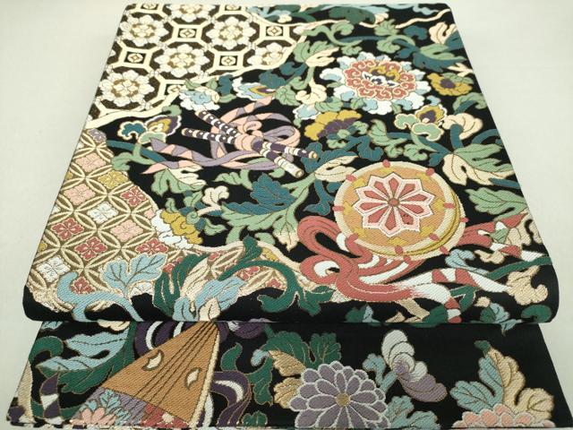 平和屋着物●六通柄袋帯　唐織　壁糸草木染　慶長吉祥錦　黒地　金糸　正絹　逸品　DAAU5342ps