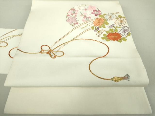 平和屋着物●塩瀬　九寸名古屋帯　駒刺繍　吉祥花丸文　金糸　正絹　逸品　DAAU5362ps