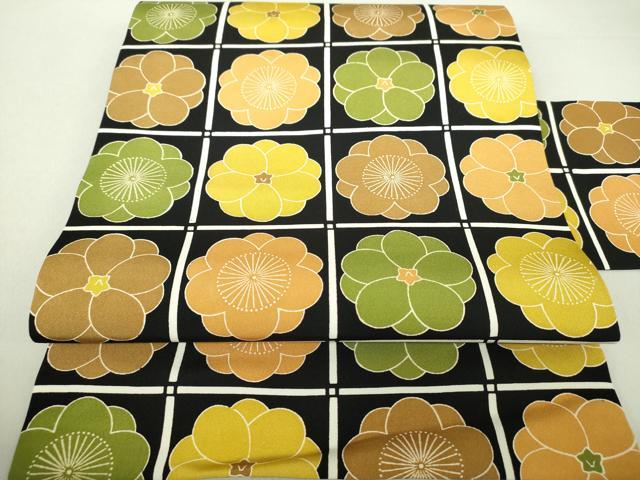 平和屋着物●全通柄九寸名古屋帯　格子梅文　黒地　正絹　逸品　DAAU5368ps