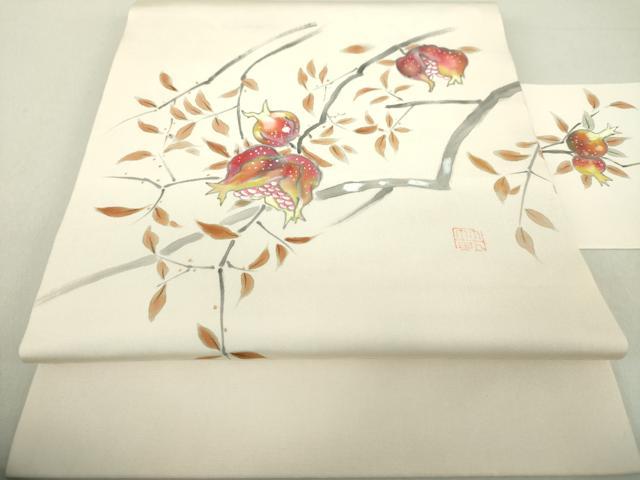 平和屋着物●塩瀬　九寸名古屋帯　作家物　手描き　成り物　ザクロ　柘榴　正絹　逸品　DAAU5373ps