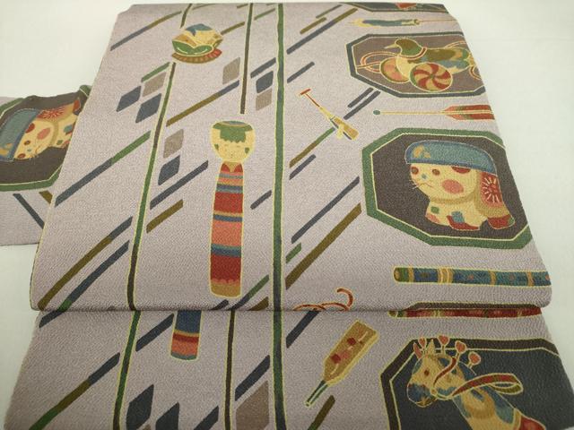 平和屋着物●九寸名古屋帯　玩具文様　鬼しぼ縮緬　金彩　正絹　逸品　DAAU5387ps