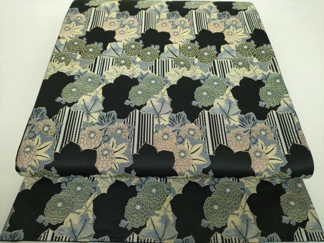 平和屋着物●六通柄袋帯　草花文　黒地　正絹　逸品　DAAU5399ps