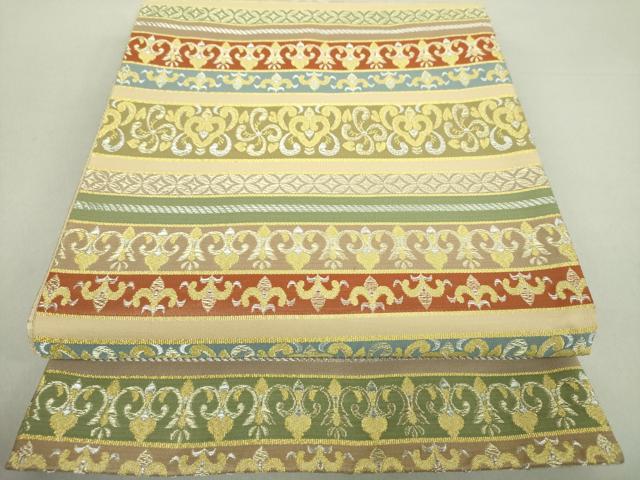 平和屋着物●六通柄袋帯　手織　横段更紗　金銀糸　正絹　逸品　DAAU5409ps