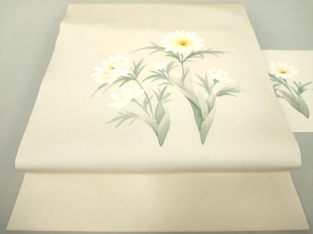 平和屋着物●塩瀬　九寸名古屋帯　手描き　草花文　正絹　逸品　DAAU5509ps