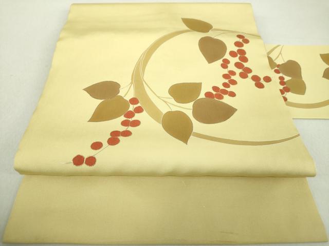 平和屋着物●九寸名古屋帯　駒刺繍　南天文　金彩　正絹　逸品　DAAU5517ps