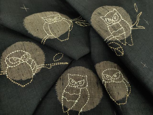 平和屋着物●訪問着　紬地　刺し子　梟　ミミズク　黒地　正絹　逸品　DAAU5599ps