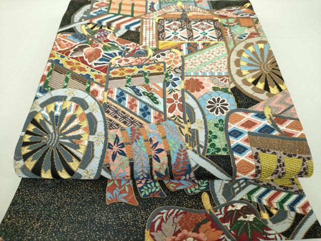 平和屋着物●西陣　白綾苑大庭　六通柄袋帯　唐織　御所車花鳥文　黒地　金糸　正絹　逸品　DAAU5666ps