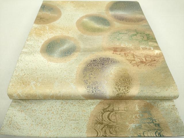 平和屋着物●石川県指定無形文化財　牛首紬　白山工房　手織り　創作　全通柄京袋帯　光琳水丸文　金彩　正絹　逸品　DAAU5677ps