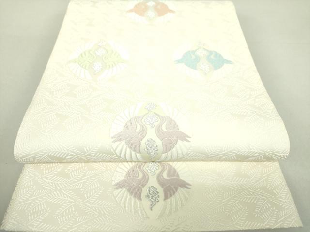 平和屋着物●六通柄袋帯　唐織　祝絹　松菱に鶴の丸文様　銀糸　正絹　逸品　DAAU5691ps