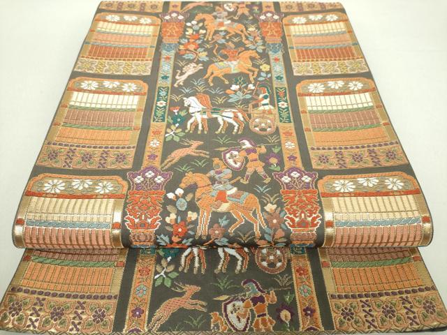 平和屋着物●六通柄袋帯　唐織　草木染　正倉院裂文　金糸　正絹　逸品　DAAU5703ps